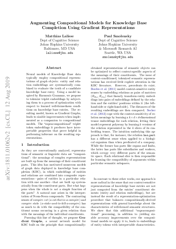 Pdf Augmenting Compositional Models For Knowledge Base Completion Using Gradient Representations