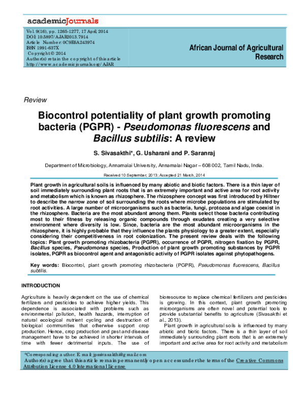 Pdf Biocontrol Potentiality Of Plant Growth Promoting Bacteria Pgpr Pseudomonas