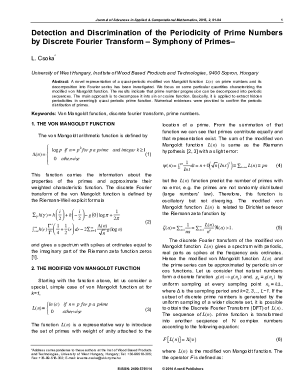 Pdf Detection And Discrimination Of The Periodicity Of Prime Numbers By Discrete Fourier
