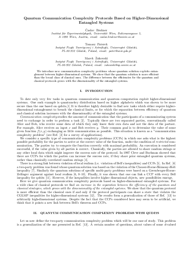 (PDF) Quantum Communication Complexity Protocols Based on Higher-Dimensional Entangled Systems