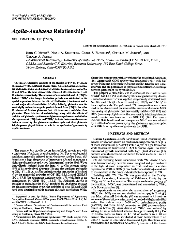 (PDF) Azolla-Anabaena Relationship : XIII. Fixation of [13N]N2