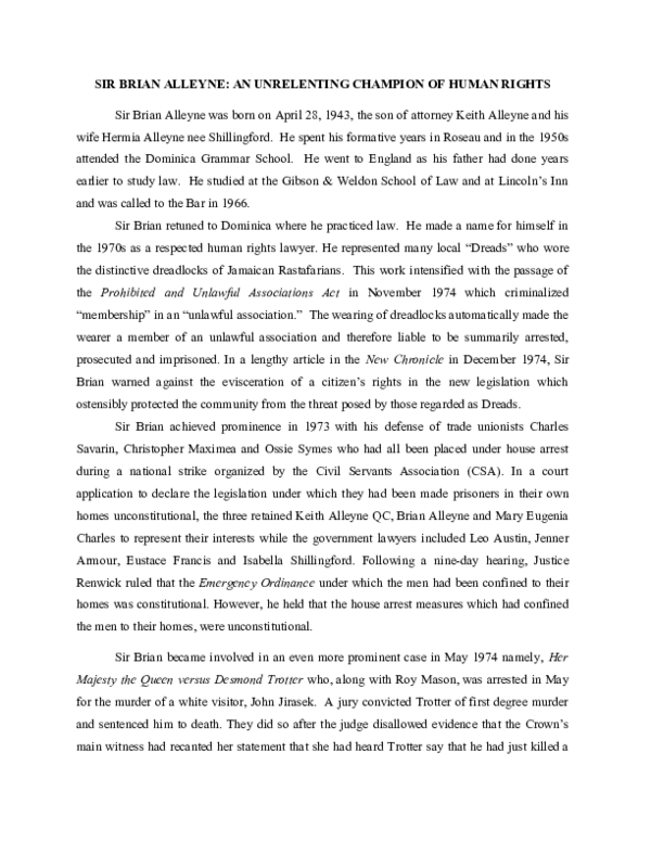 (DOC) SIR BRIAN ALLEYNE: AN UNRELENTING CHAMPION OF HUMAN RIGHTS