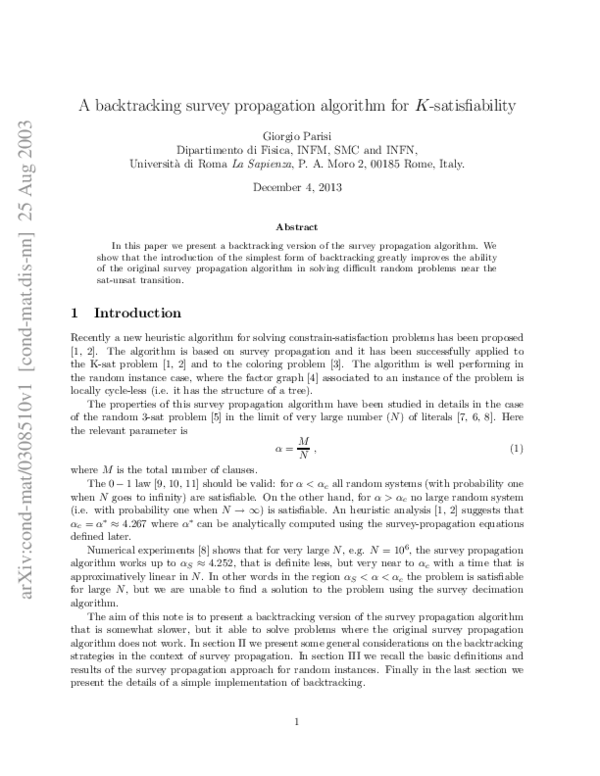 Pdf A Backtracking Survey Propagation Algorithm For K Satisfiability