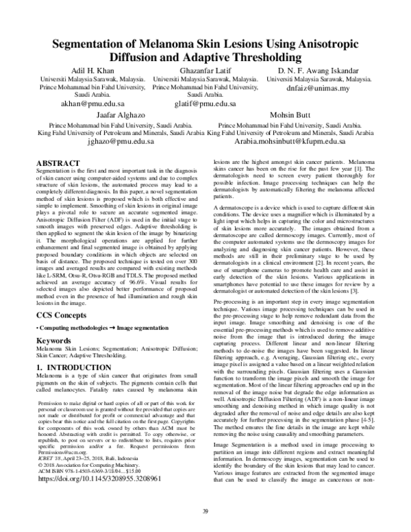 (PDF) Segmentation of Melanoma Skin Lesions Using Anisotropic Diffusion and Adaptive Thresholding