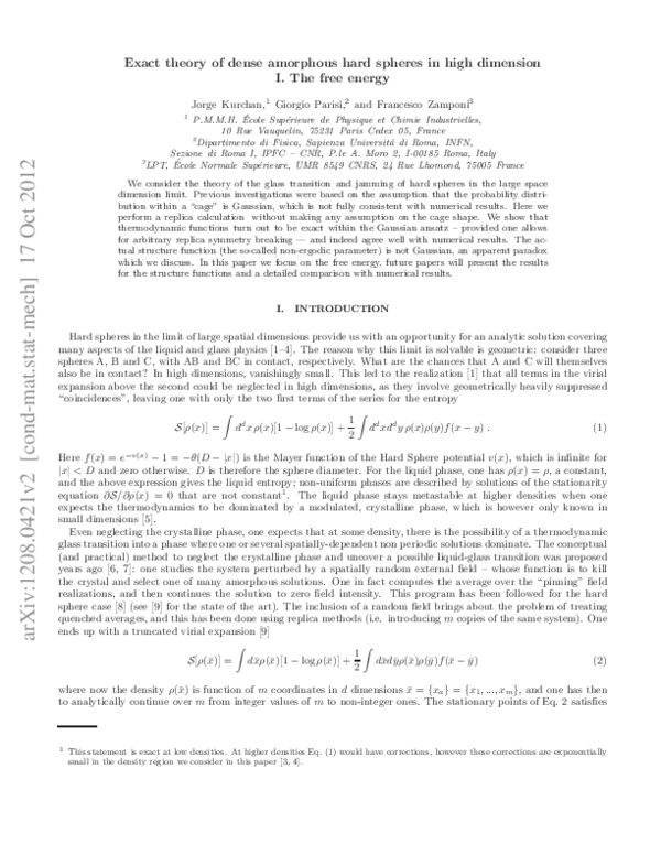 (PDF) Exact theory of dense amorphous hard spheres in high dimension I ...