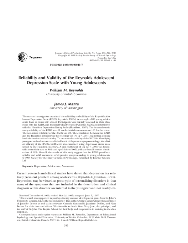 (PDF) Reliability and Validity of the Reynolds Adolescent Depression ...