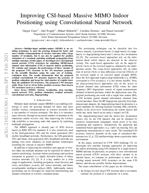 Pdf Improving Csi Based Massive Mimo Indoor Positioning Using Convolutional Neural Network