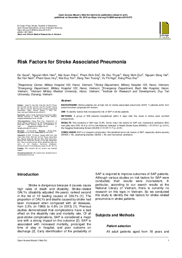 (PDF) Risk Factors for Stroke Associated Pneumonia