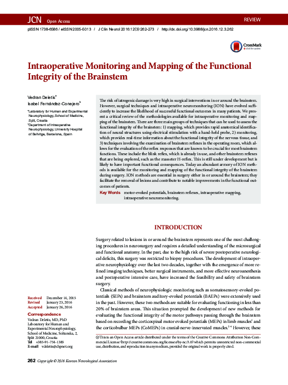 Pdf Intraoperative Monitoring And Mapping Of The Functional Integrity Of The Brainstem