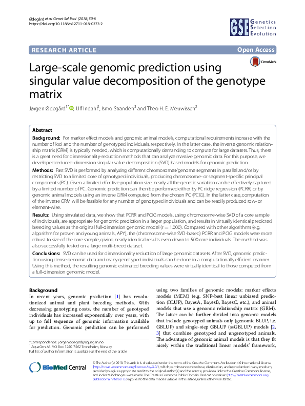 (PDF) Large-scale genomic prediction using singular value decomposition of the genotype matrix ...