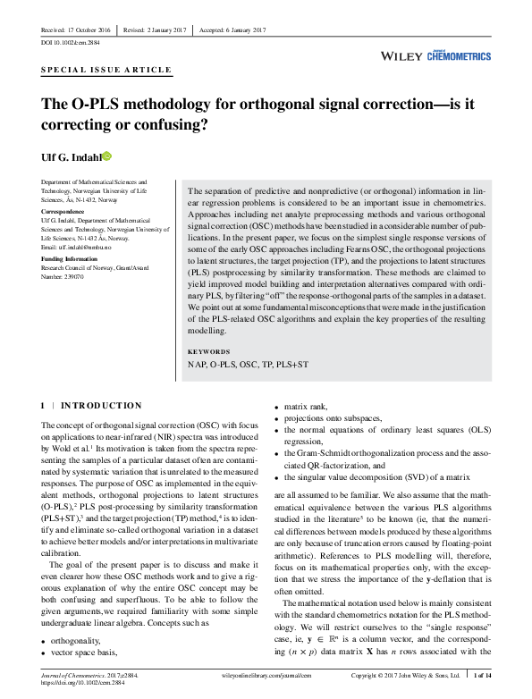 (PDF) The O-PLS methodology for orthogonal signal correction-is it ...