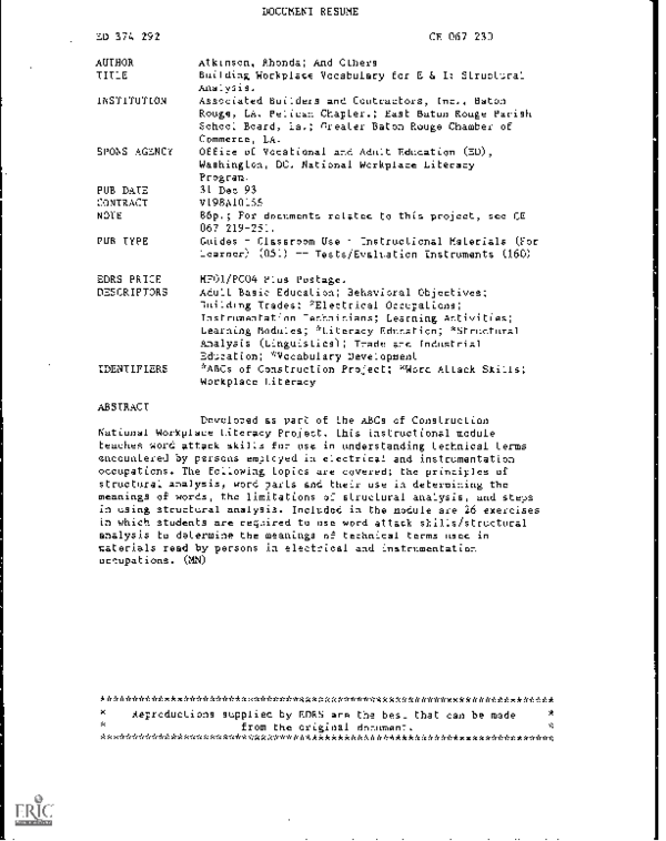 (PDF) Building Workplace Vocabulary for E & I: Structural Analysis