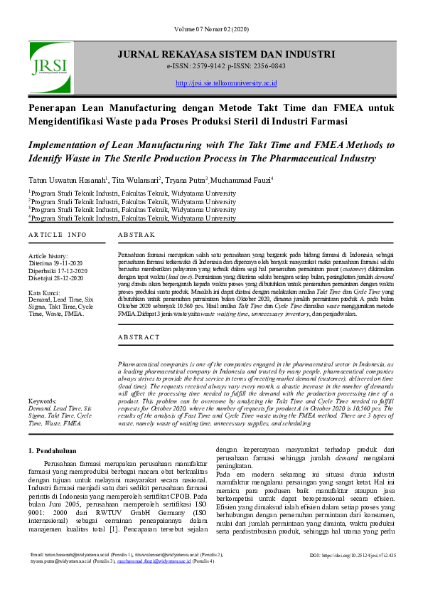 (PDF) Penerapan Lean Manufacturing dengan Metode Takt Time dan FMEA ...
