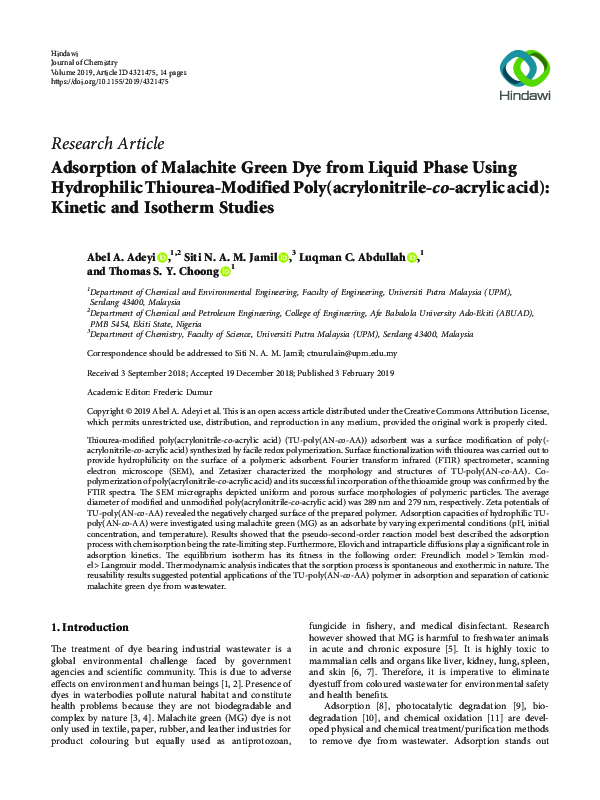 (PDF) Adsorption of Malachite Green Dye from Liquid Phase Using Hydrophilic Thiourea-Modified ...