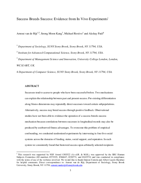 (PDF) Success Breeds Success : Evidence from In Vivo Experiments