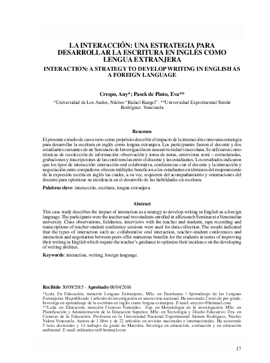 (PDF) La interacción: una estrategia para desarrollar la escritura en ...