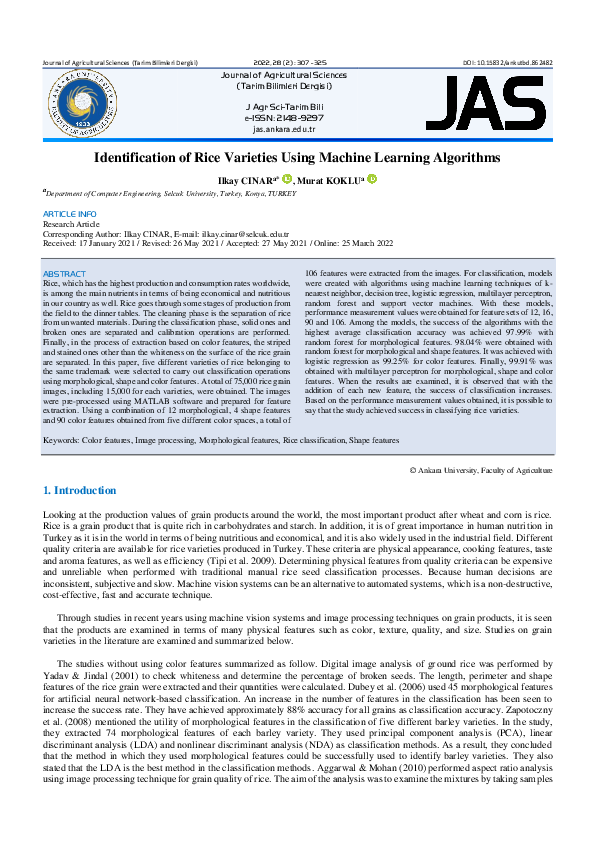 Pdf Identification Of Rice Varieties Using Machine Learning Algorithms