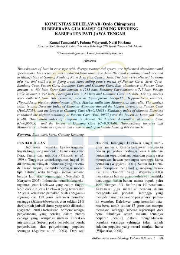 (PDF) Komunitas Kelelawar (Ordo Chiroptera) di Beberapa Gua Karst ...
