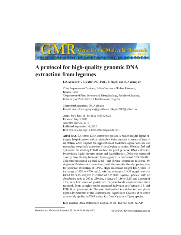 (PDF) A protocol for high-quality genomic DNA extraction from legumes