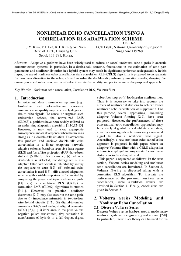 Pdf Nonlinear Echo Cancellation Using A Correlation Lms Adaptation Scheme