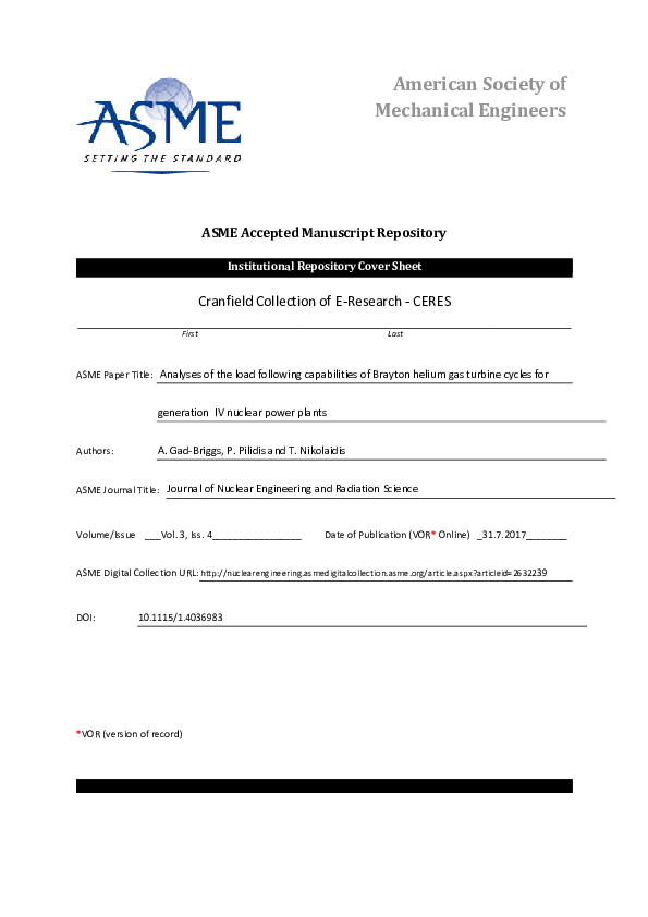 (PDF) Analyses of the Load Following Capabilities of Brayton Helium Gas ...