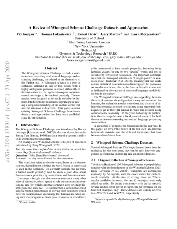 (PDF) A Review of Winograd Schema Challenge Datasets and Approaches