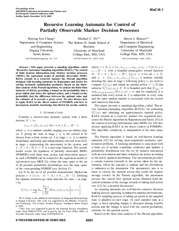 (PDF) Recursive Learning Automata for Control of Partially Observable Markov Decision Processes
