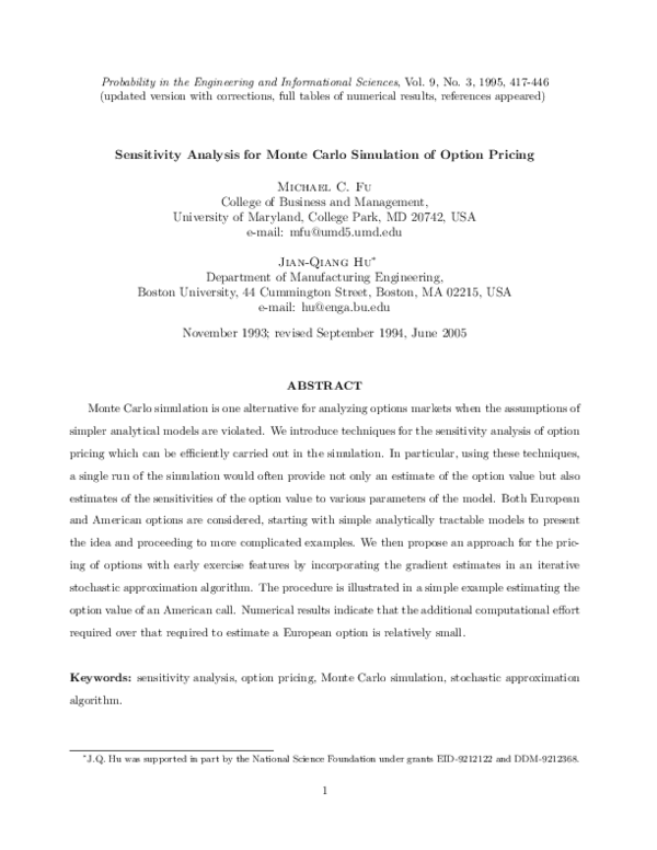 (PDF) Sensitivity Analysis for Monte Carlo Simulation of Option Pricing