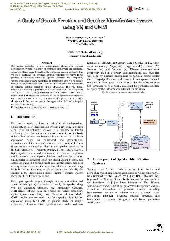 (PDF) A Study of Speech Emotion and Speaker Identification System using VQ and GMM