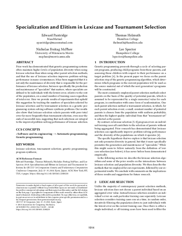 (PDF) Specialization and elitism in lexicase and tournament selection