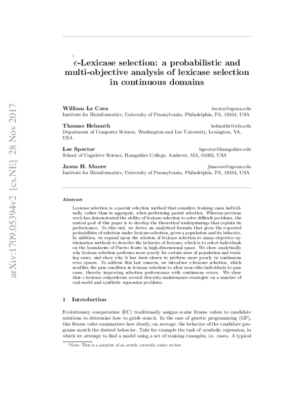 (PDF) A probabilistic and multi-objective analysis of lexicase selection and epsilon-lexicase ...