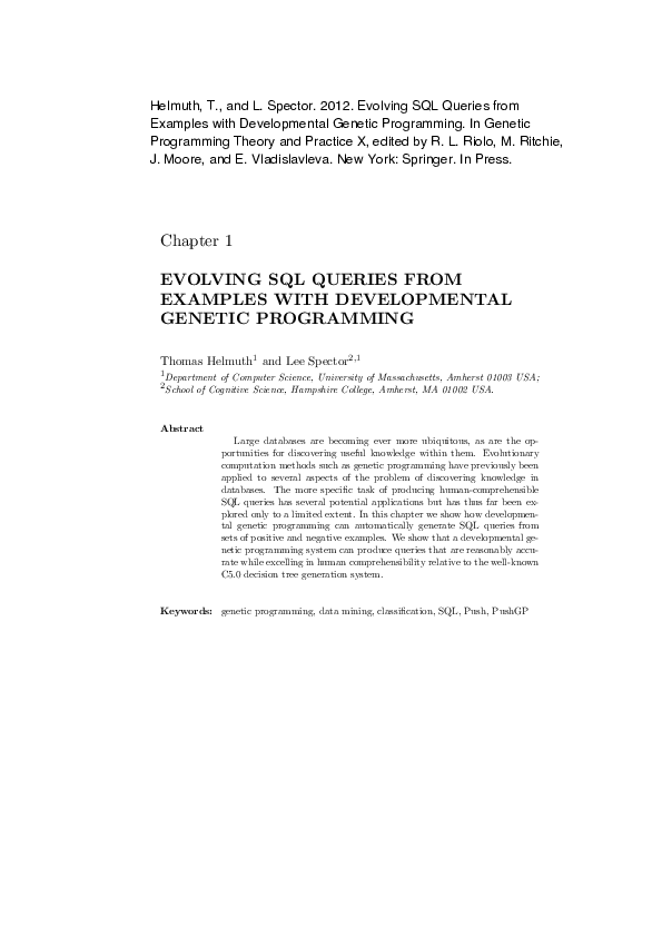 (PDF) Evolving SQL Queries from Examples with Developmental Genetic Programming