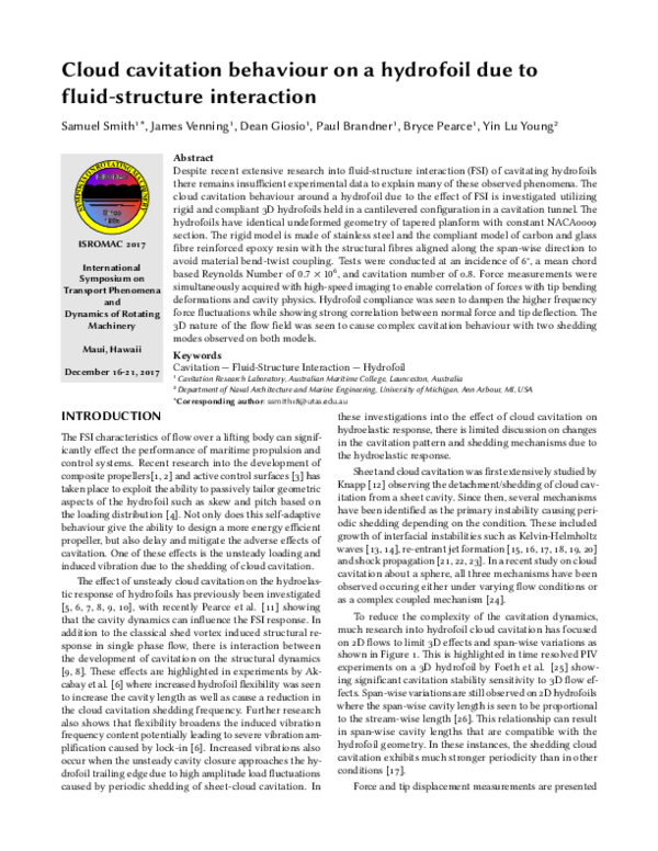 Pdf Cloud Cavitation Behaviour On A Hydrofoil Due To Fluid Structure Interaction