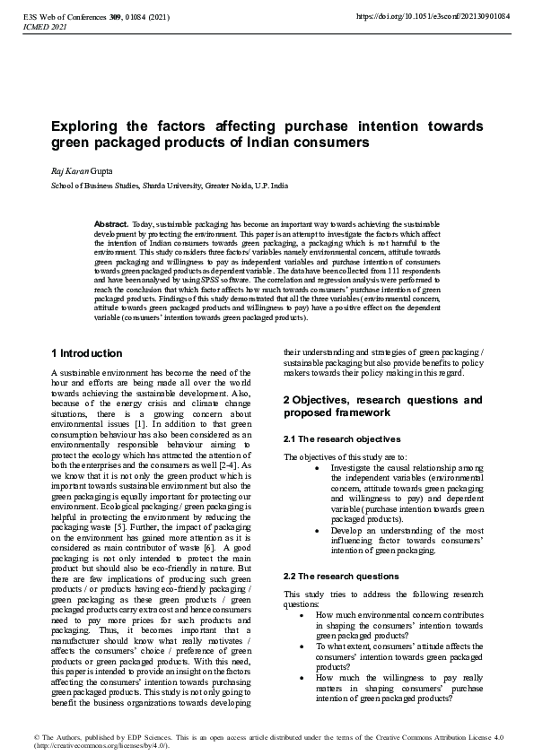 (PDF) Exploring the factors affecting purchase intention towards green packaged products of ...
