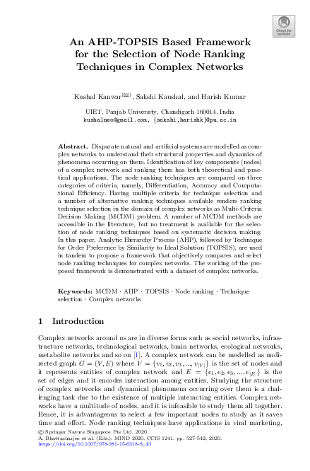 Pdf An Ahp Topsis Based Framework For The Selection Of Node Ranking Techniques In Complex Networks