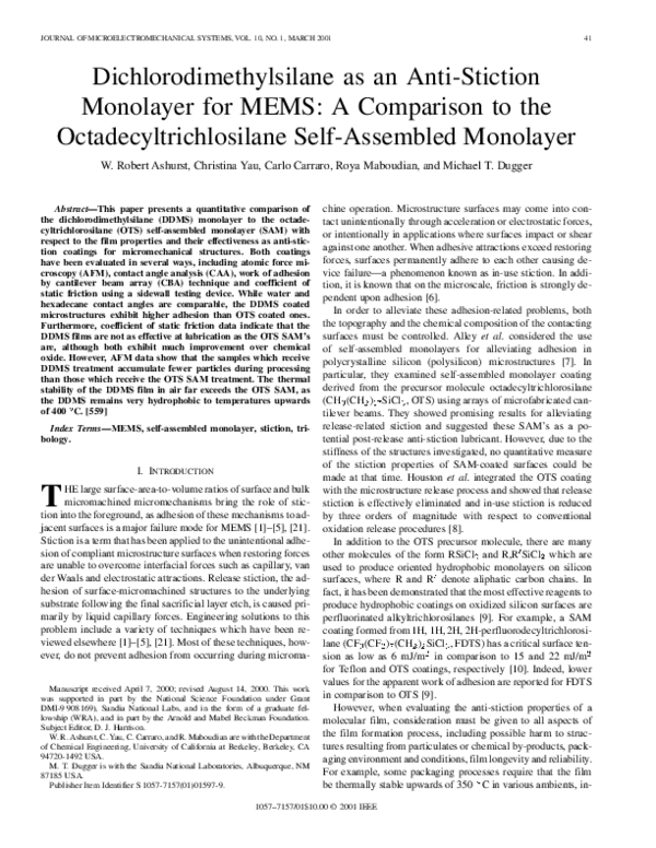 (PDF) Dichlorodimethylsilane as an anti-stiction monolayer for MEMS: a ...