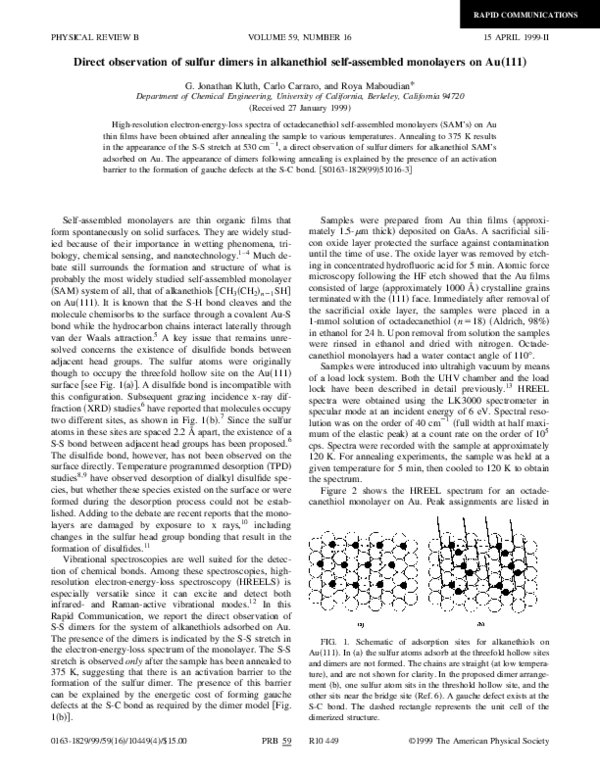 (PDF) Direct observation of sulfur dimers in alkanethiol self-assembled monolayers on Au(111)