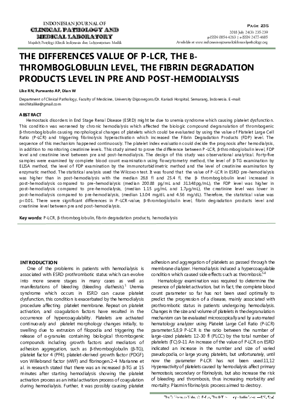 (PDF) The Differences Value of P-LCR, the Β-Thromboglobulin Level, the ...