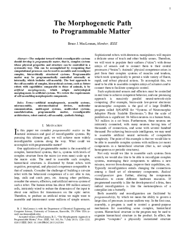(PDF) The Morphogenetic Path to Programmable Matter