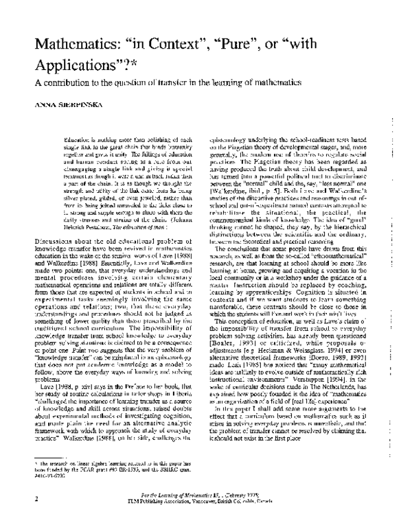 (PDF) Mathematics: "In Context,""Pure," or "with Applications"?