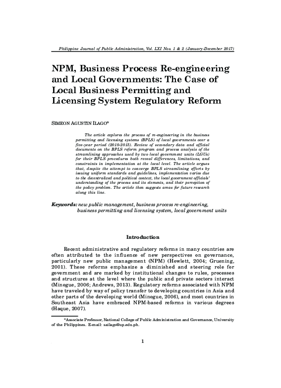 (PDF) NPM, Business Process Re-engineering and Local Governments: The ...