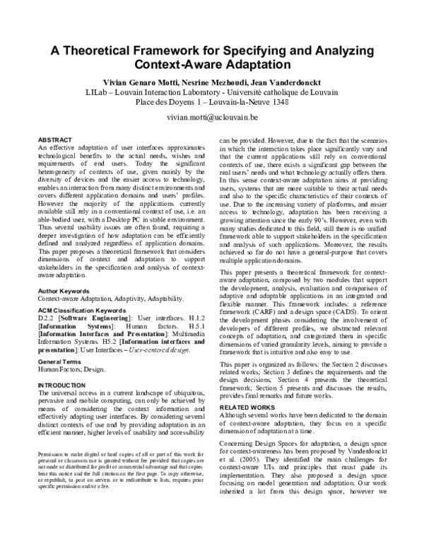 (PDF) A Theoretical Framework for Specifying and Analyzing Context-Aware Adaptation