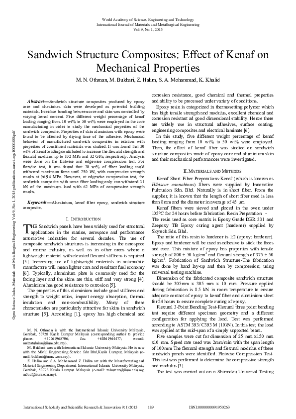(PDF) Sandwich Structure Composites: Effect of Kenaf on Mechanical ...