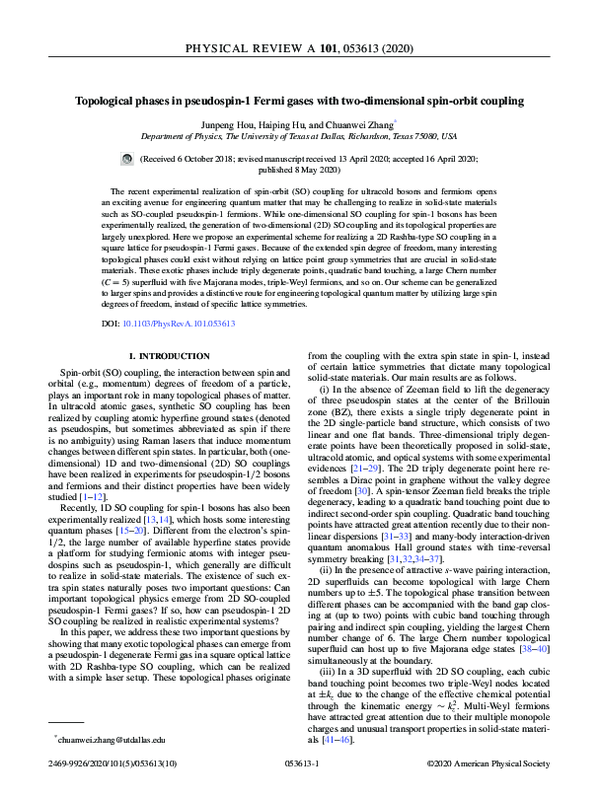 (PDF) Topological phases in pseudospin-1 Fermi gases with two-dimensional spin-orbit coupling