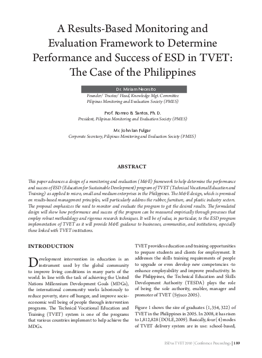 Pdf A Results Based Monitoring And Evaluation Framework To Determine