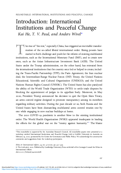 (PDF) Introduction: International Institutions and Peaceful Change