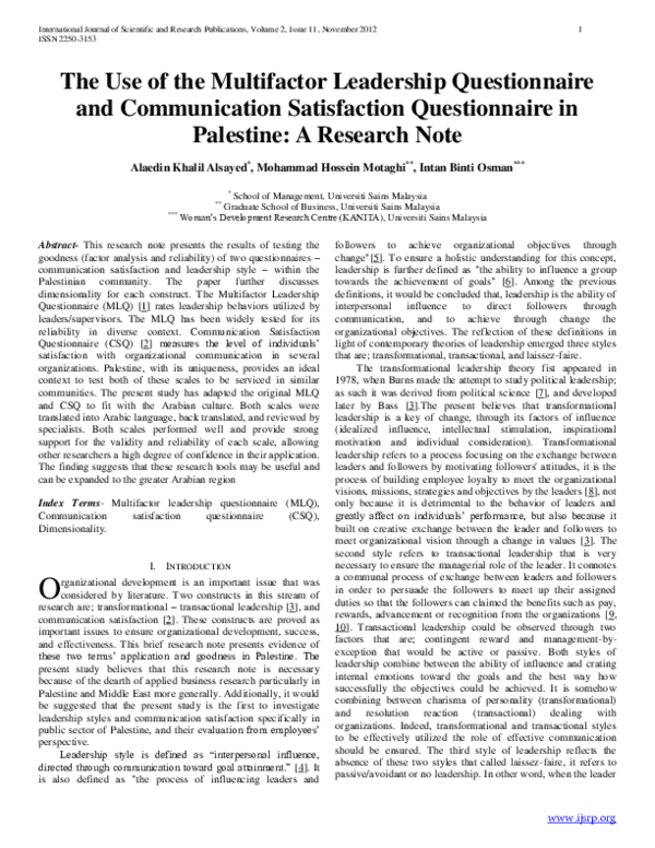 (PDF) The Use of the Multifactor Leadership Questionnaire and ...