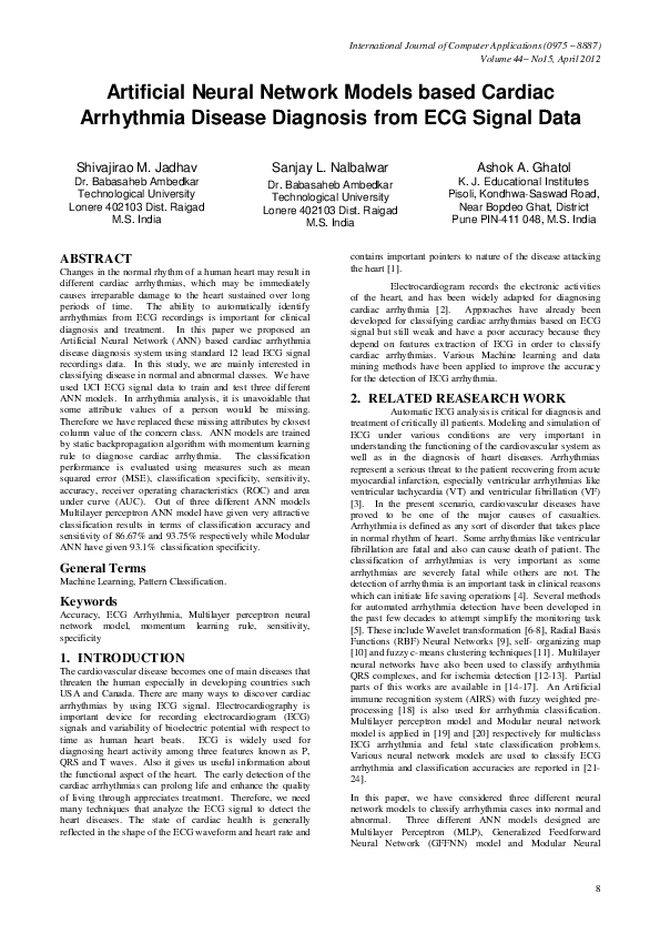 (PDF) Artificial Neural Network Models based Cardiac Arrhythmia Disease ...