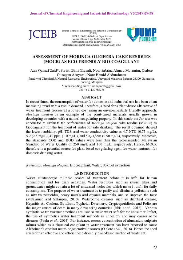 (PDF) Assessment of Moringa Oleifera Cake Residues (Mocr) as Eco ...