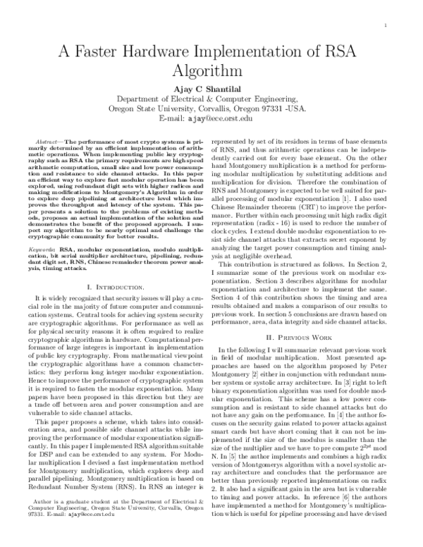 (PDF) A Faster Hardware Implementation of RSA Algorithm